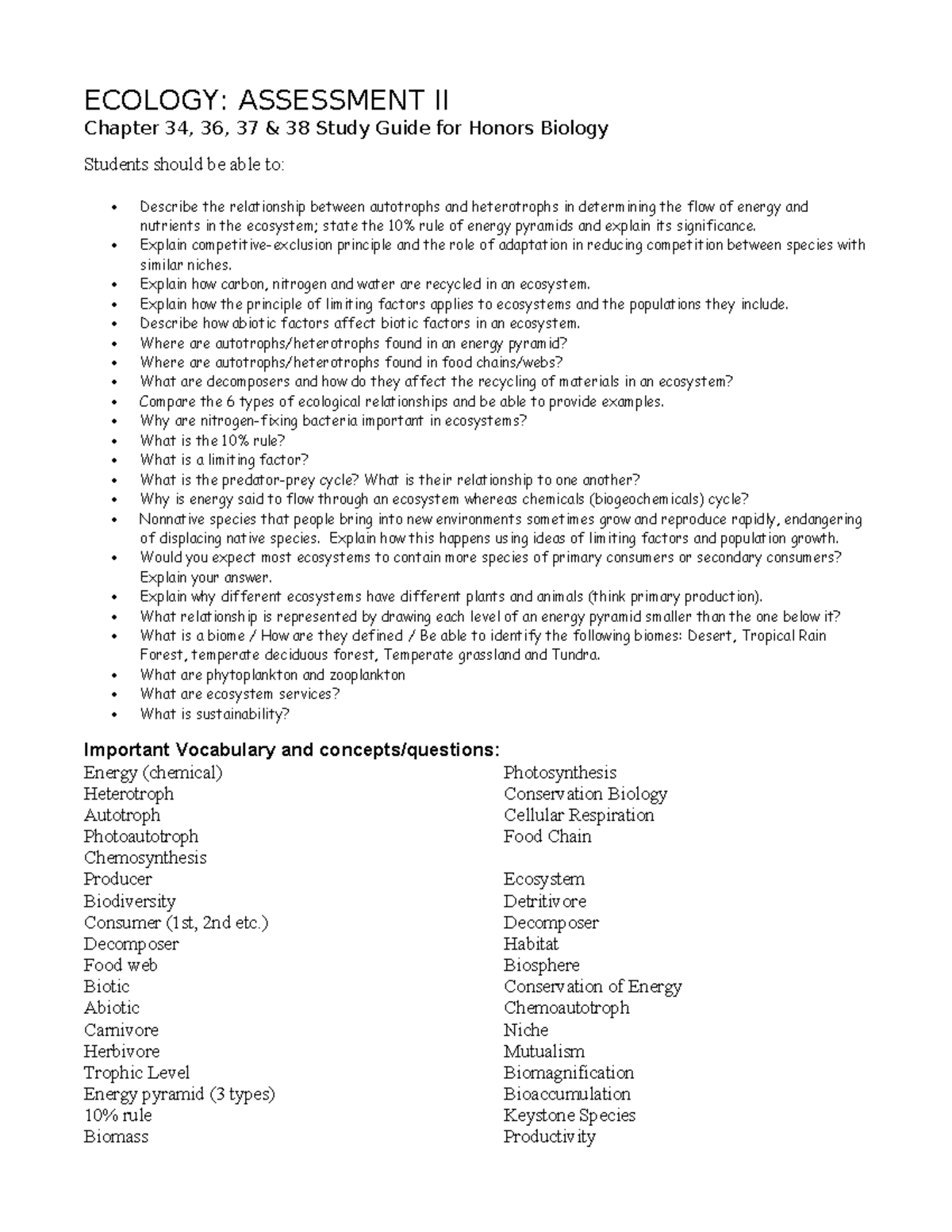 Chap34 36 37 38+Study Guide Honors Biology - ECOLOGY: ASSESSMENT II ...