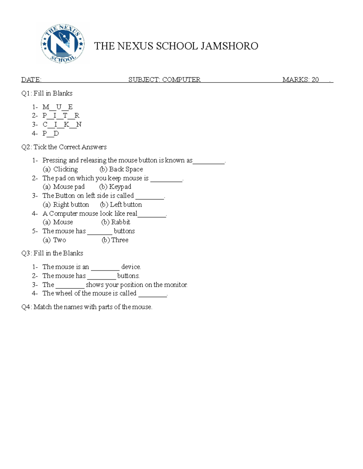 Computer - course - THE NEXUS SCHOOL JAMSHORO DATE: SUBJECT: COMPUTER ...