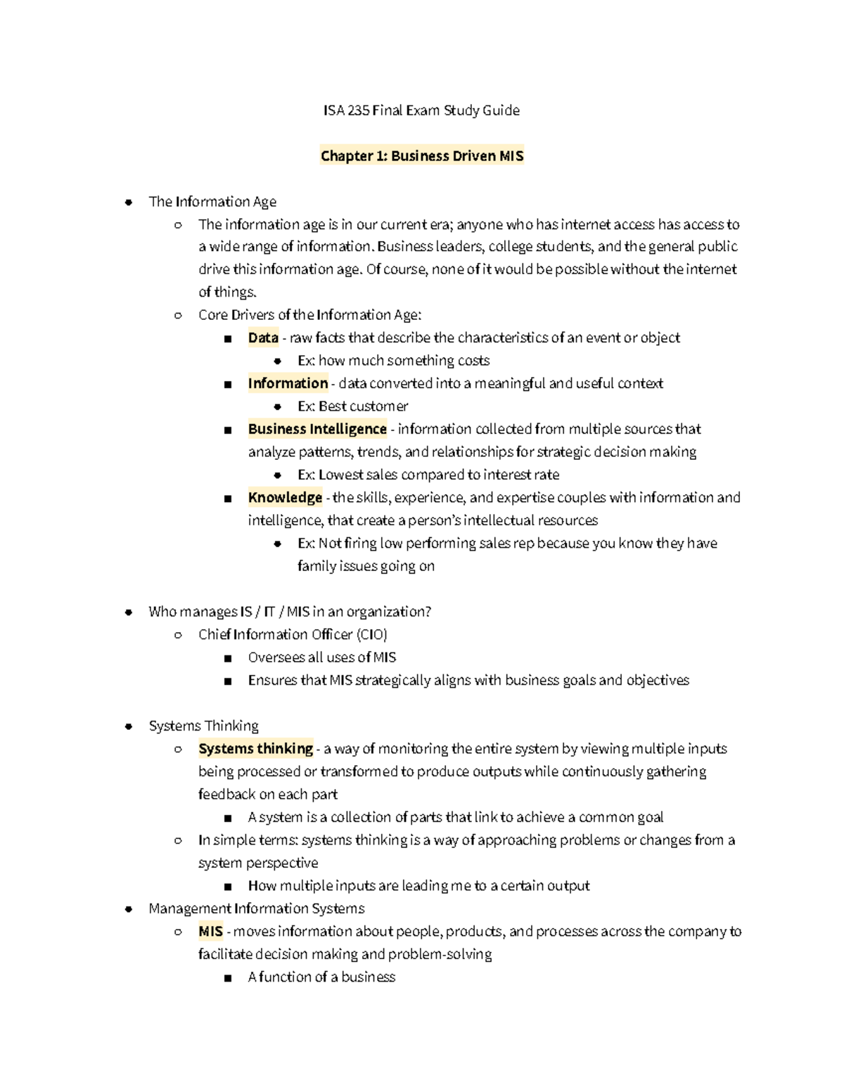 ISA235 Final Exam Study Guide - ISA 235 Final Exam Study Guide Chapter ...