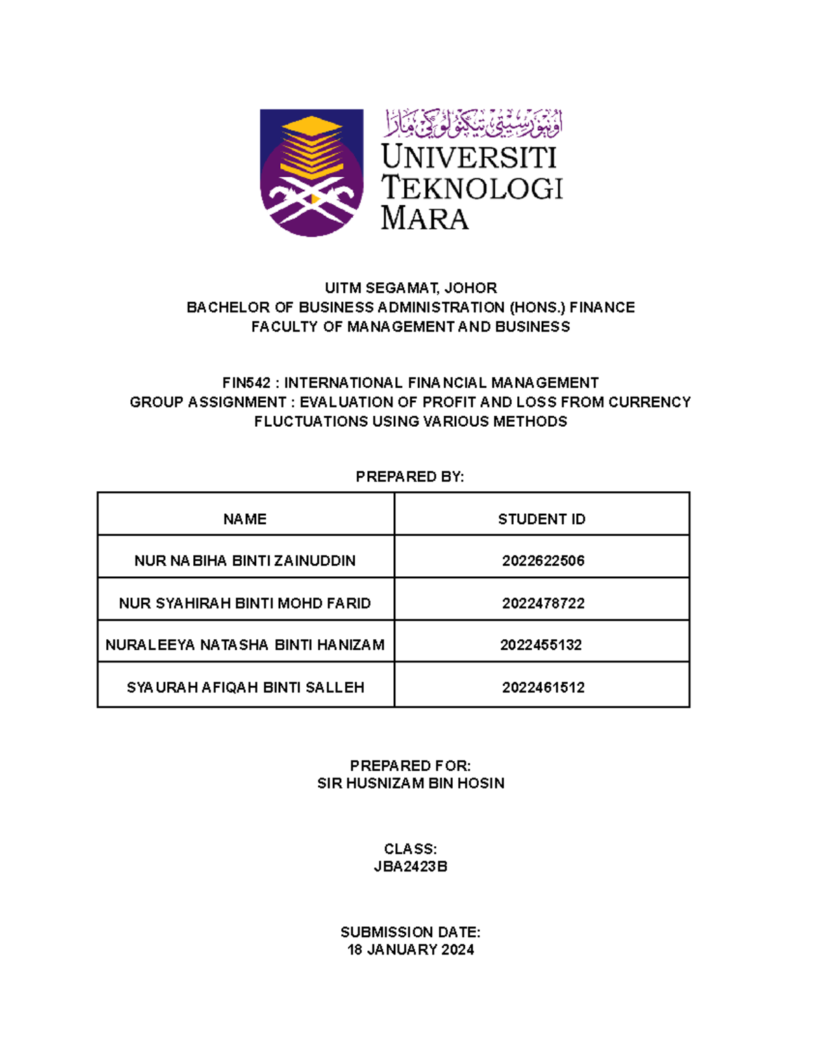 FIN542 - Report - UITM SEGAMAT, JOHOR BACHELOR OF BUSINESS ...