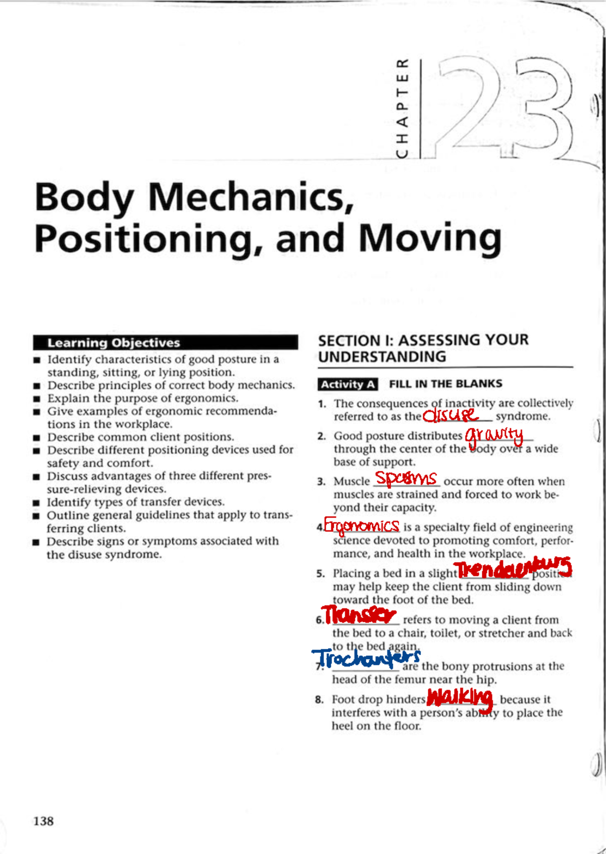 WB+Ch+23 - Timby Body Mechanics - disuse gravity spasms Ergonomics Trenderenburg Transfer - Studocu