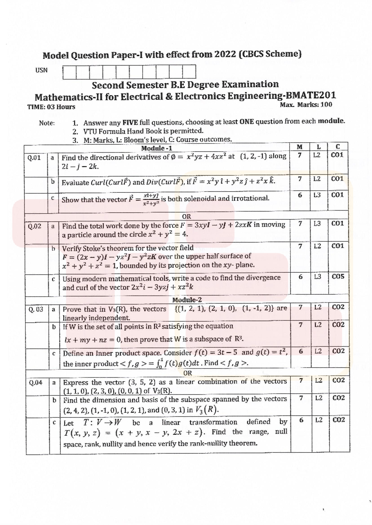 22MATE201 MQP Scheme & Solution (A,B & C Div) - Model Question with ...