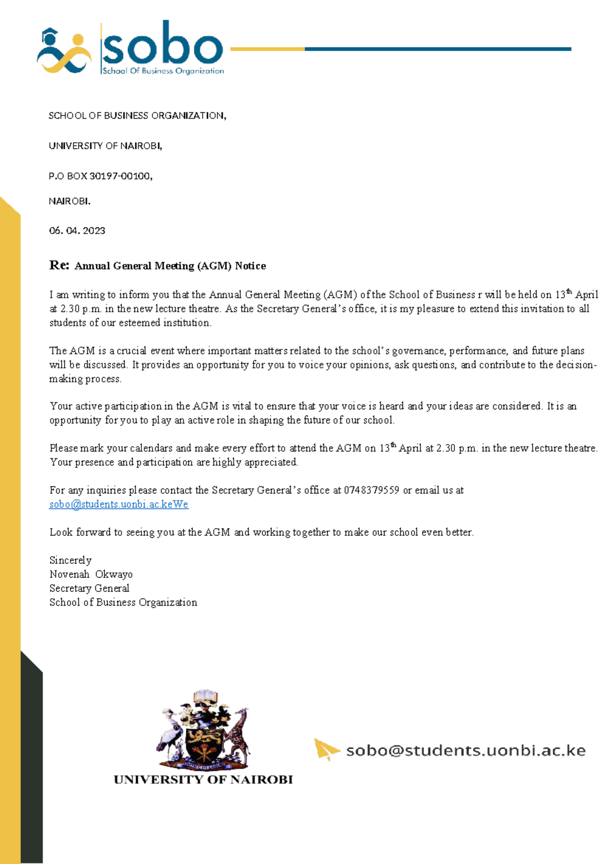 AGM notice - Agm - SCHOOL OF BUSINESS ORGANIZATION, UNIVERSITY OF ...