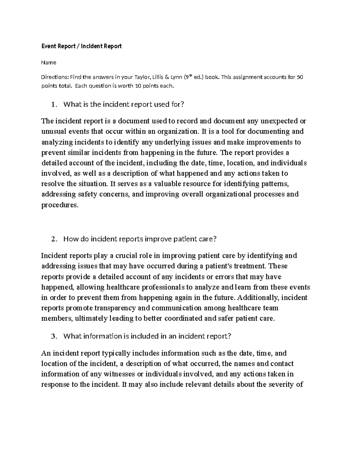 Incident Report Questions - Event Report / Incident Report Name ...