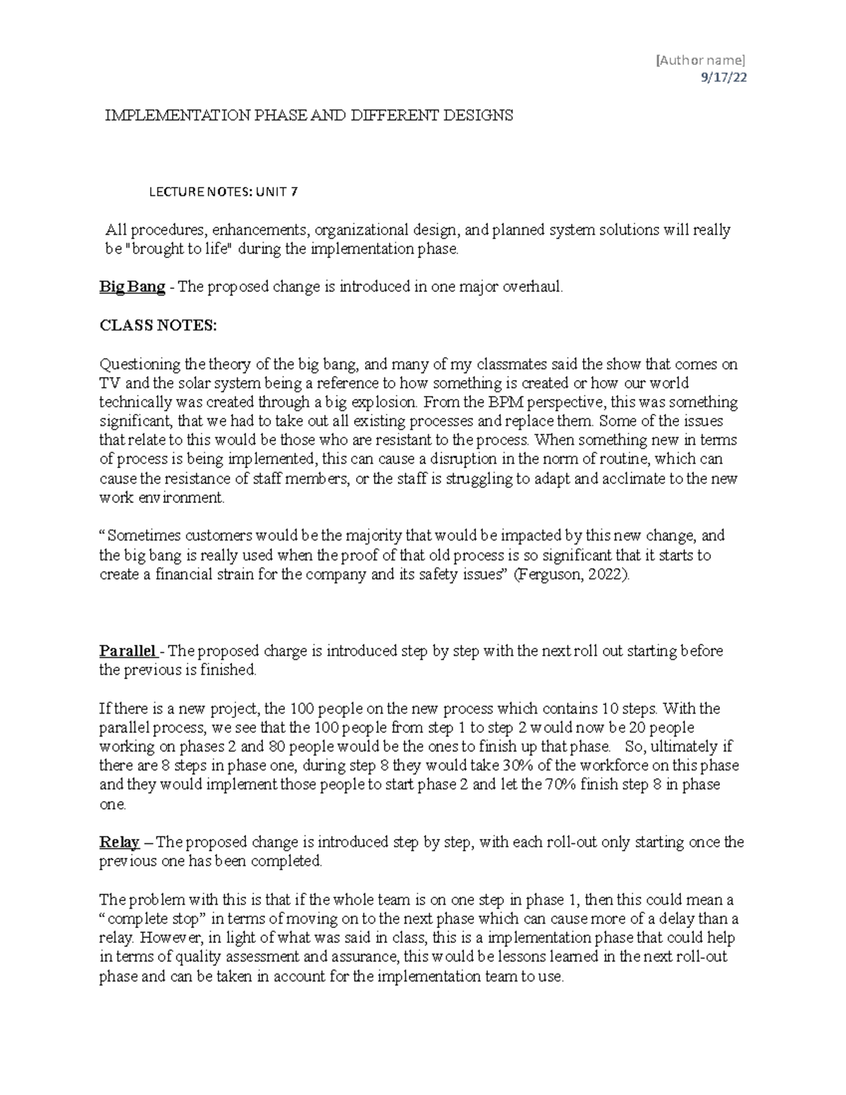 UNIT 7 Implementation Phase - [Author name] 9/17/ IMPLEMENTATION PHASE ...