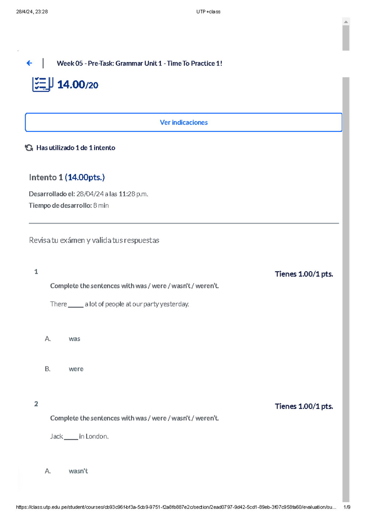 Week 05 - Pre-Task Grammar Unit 1 - Time to Practice 1 - Nota 14/ 20 ...