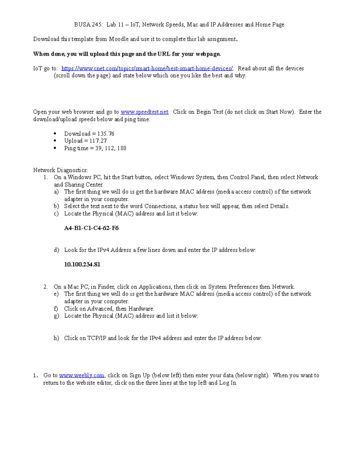 Lab 11 - Lab 11, Business Information Systems 245 - BUSA 245: Lab 11 – IoT, Network Speeds, Mac ...