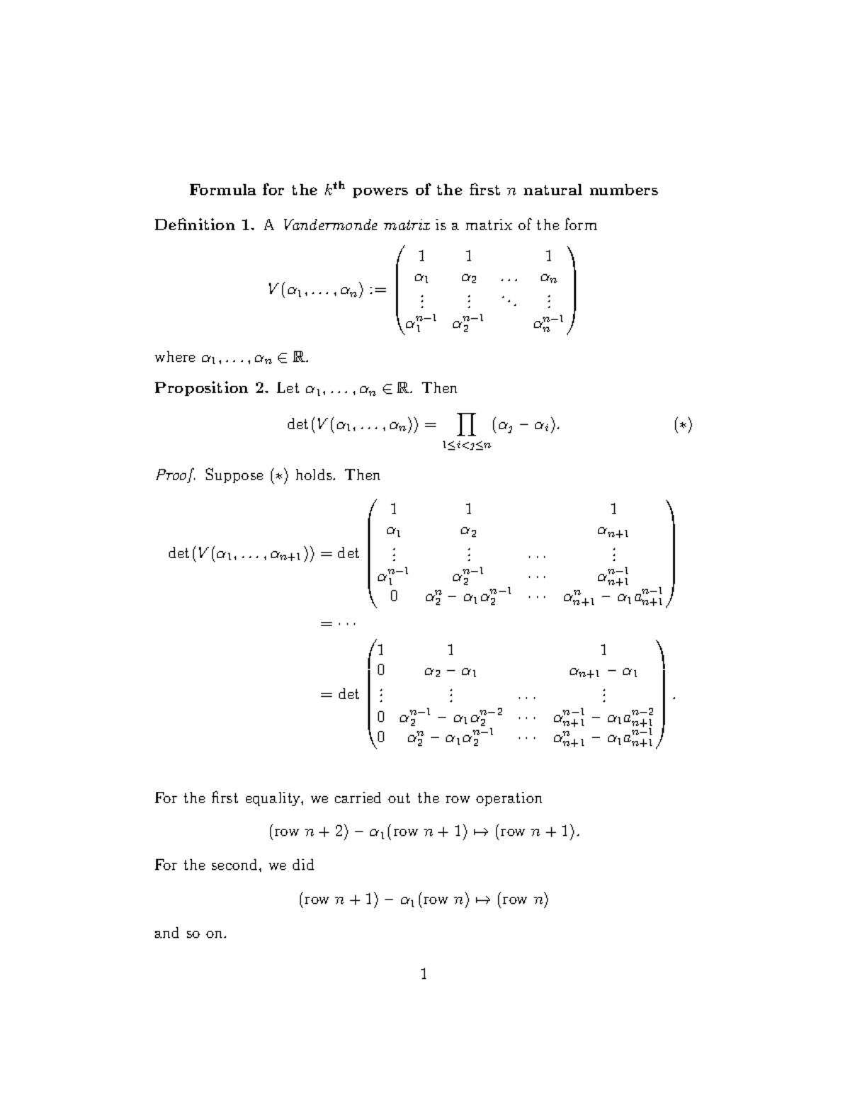 MAT223Sums of powers - Formula for the k th powers of the first n natural numbers Definition 1 ...