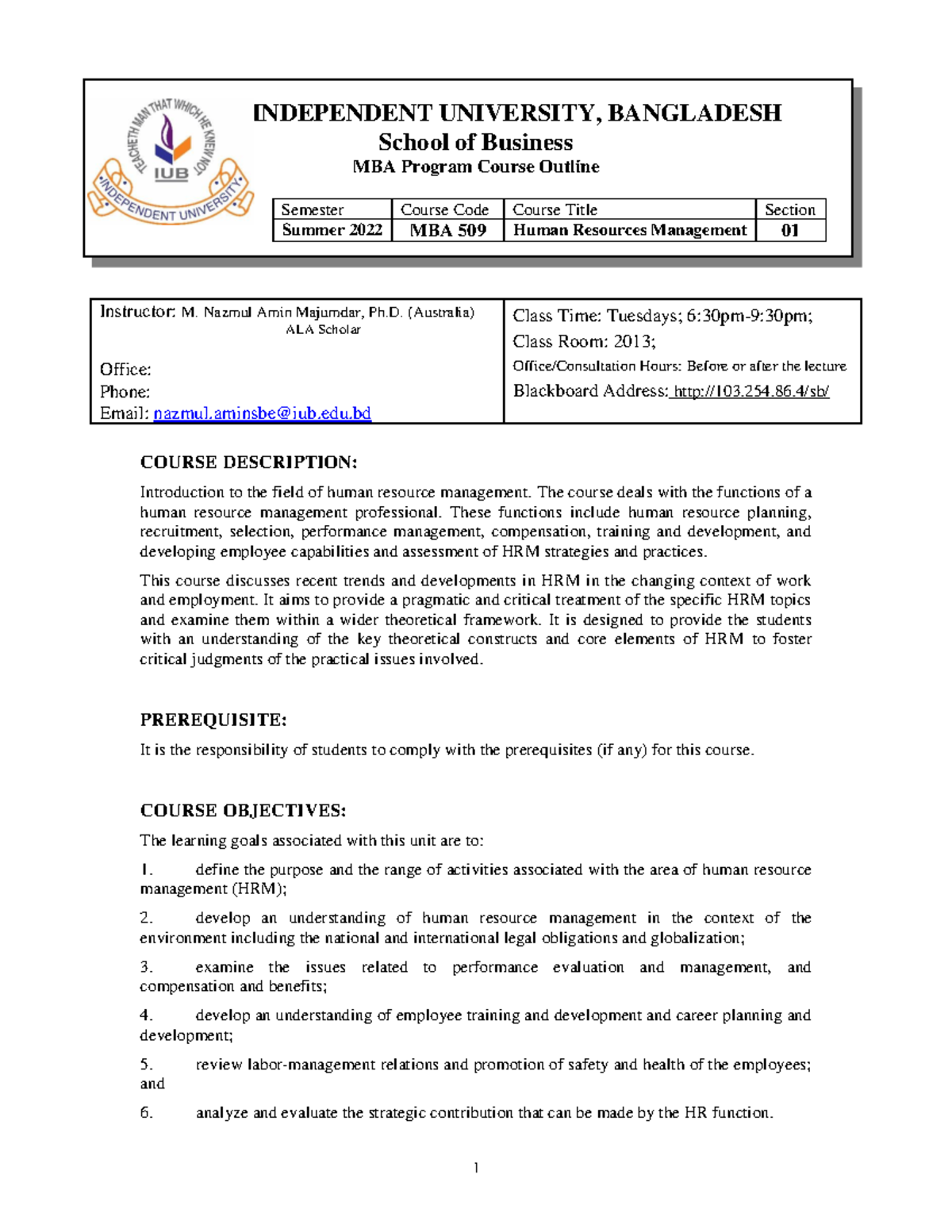 Summer 22 MBA 509-1 HRM Course outline - INDEPENDENT UNIVERSITY ...