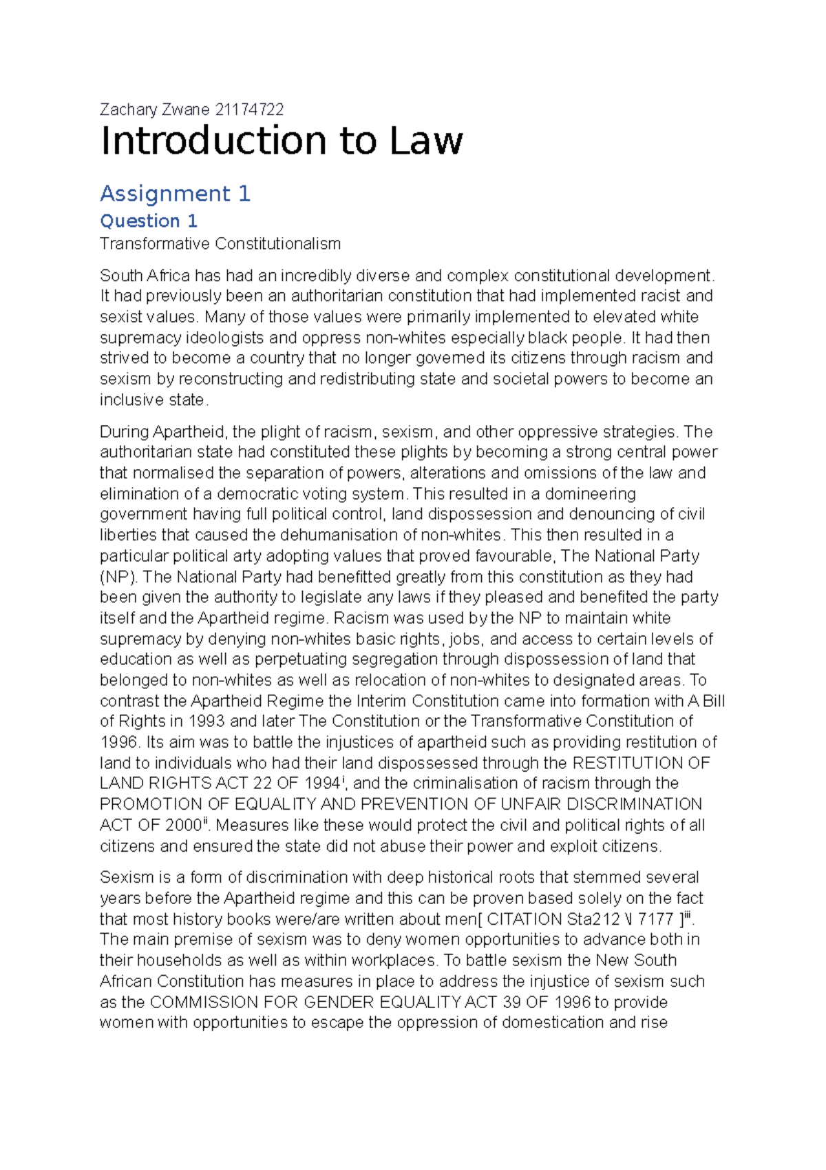 Assignment 1 - BMAN - Zachary Zwane 21174722 Introduction to Law ...
