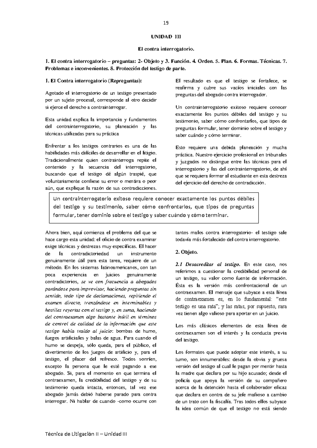 Unidad III - UNIDAD III El contra interrogatorio. El contra ...