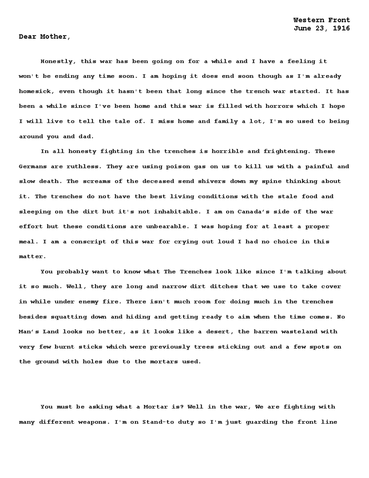 Trenches Letter Assignment - Western Front June 23, 1916 Dear Mother ...