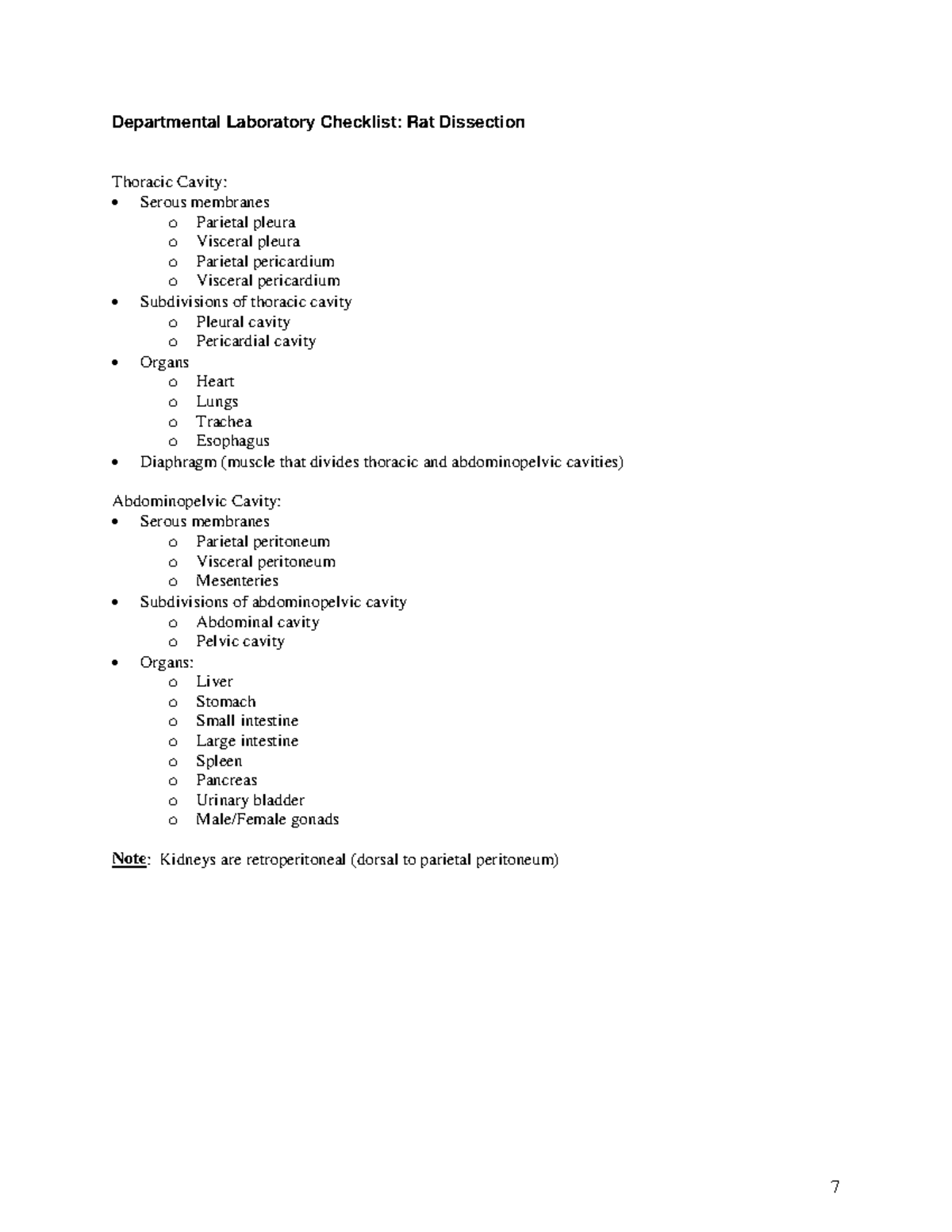 Ap1 laboratory checklist rat dissection - Departmental Laboratory ...