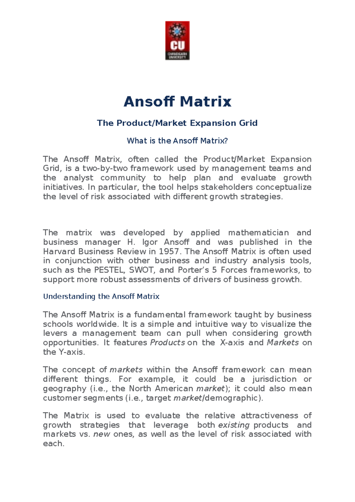 4-Ansoff Matrix - Summary Btech Cse - Ansoff Matrix The Product/Market ...