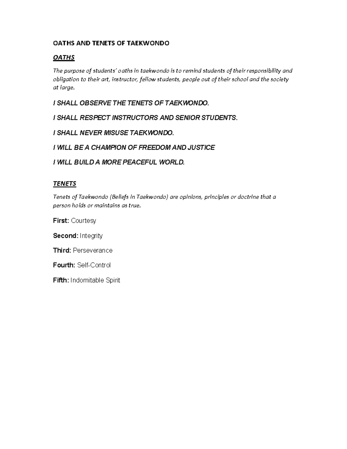 Oaths and Tenets of Taekwondo - Warning: TT: undefined function: 32 ...