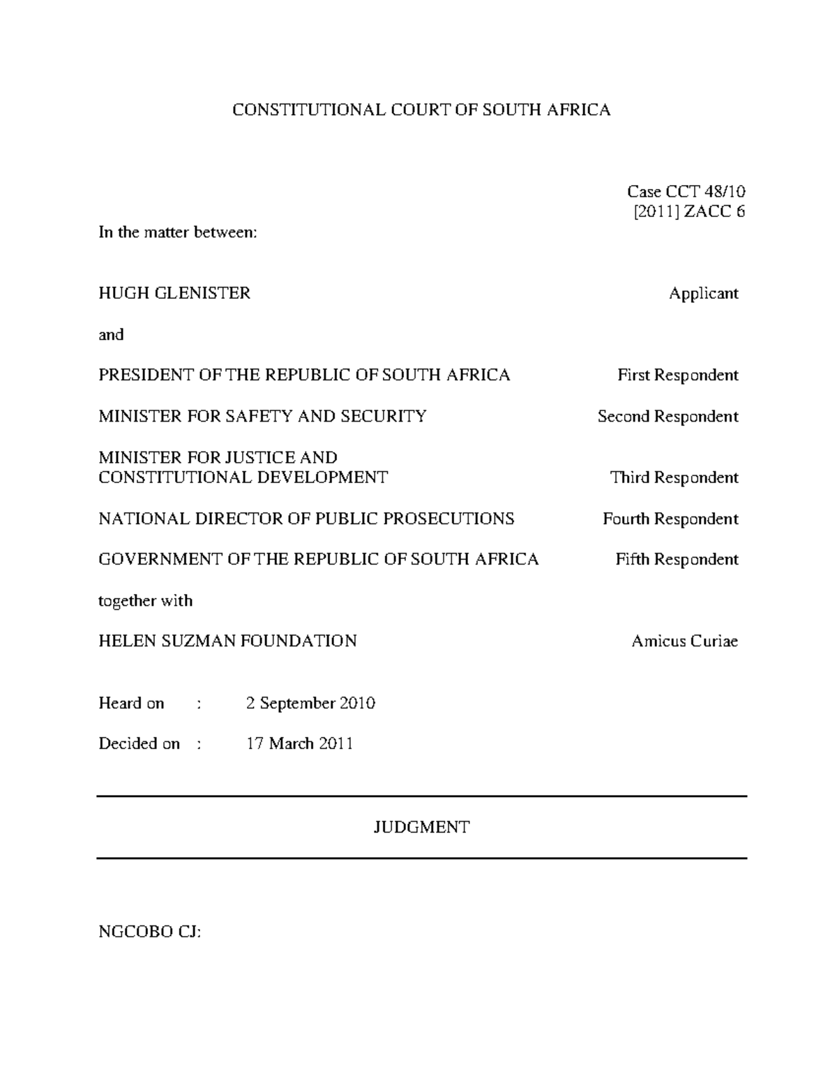 Glenister v President of RSA - CONSTITUTIONAL COURT OF SOUTH AFRICA ...