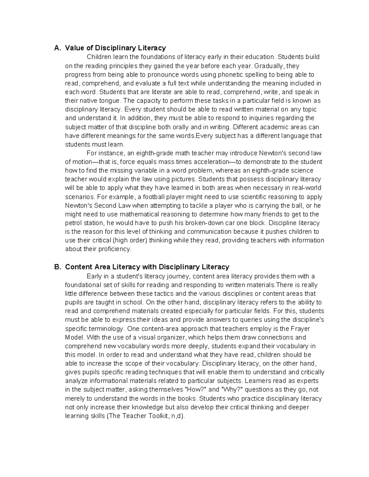 Task 1 Reading Comprehension - A. Value of Disciplinary Literacy ...