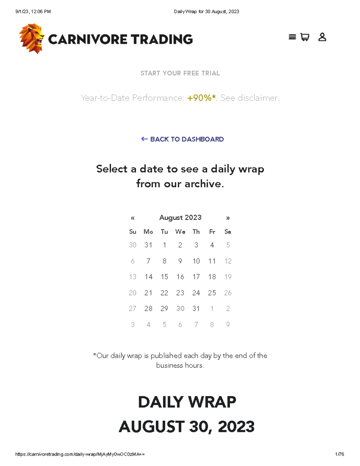 Daily Wrap for 30 August, 2023 - Year-to-Date Performance: +90%*. See disclaimer. ####### BACK ...