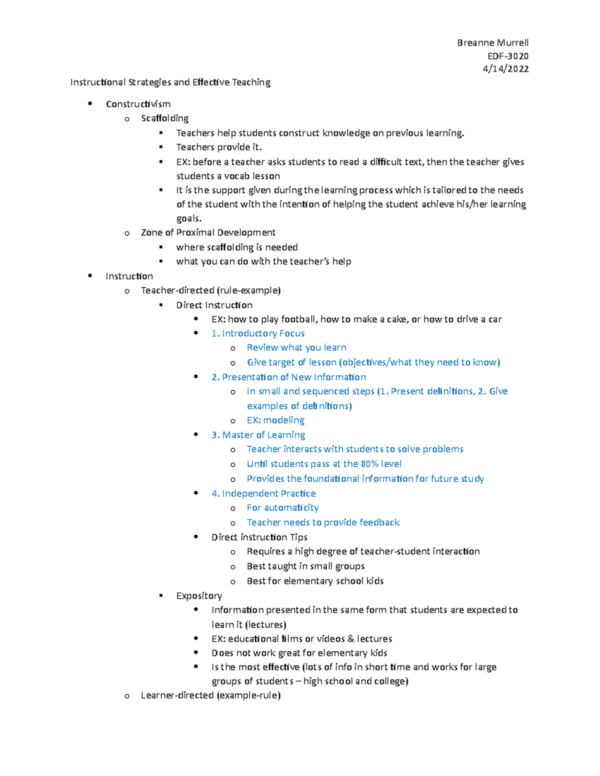 Exam #3 Notes - EDF- 4/14/ Instructional Strategies and Effective ...
