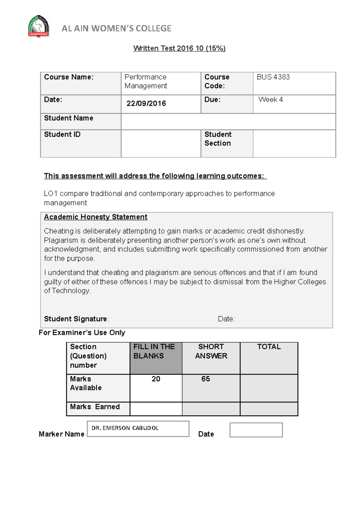 Assessment 1 - HUMAN RESOURCES MANAGEMENT EXERCISES - Written Test 2016 ...
