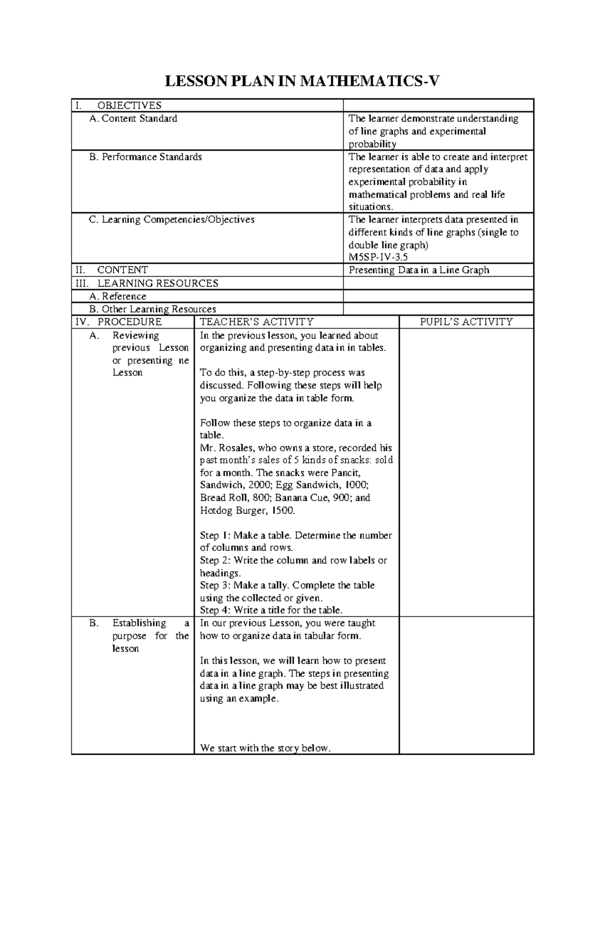 Presenting Data in a Line Graph - LESSON PLAN IN MATHEMATICS-V I ...