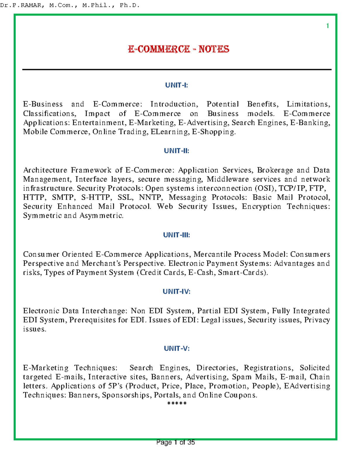 E commerce notes - 1 UNIT-I: E-Business and E-Com m erce: Introduction ...