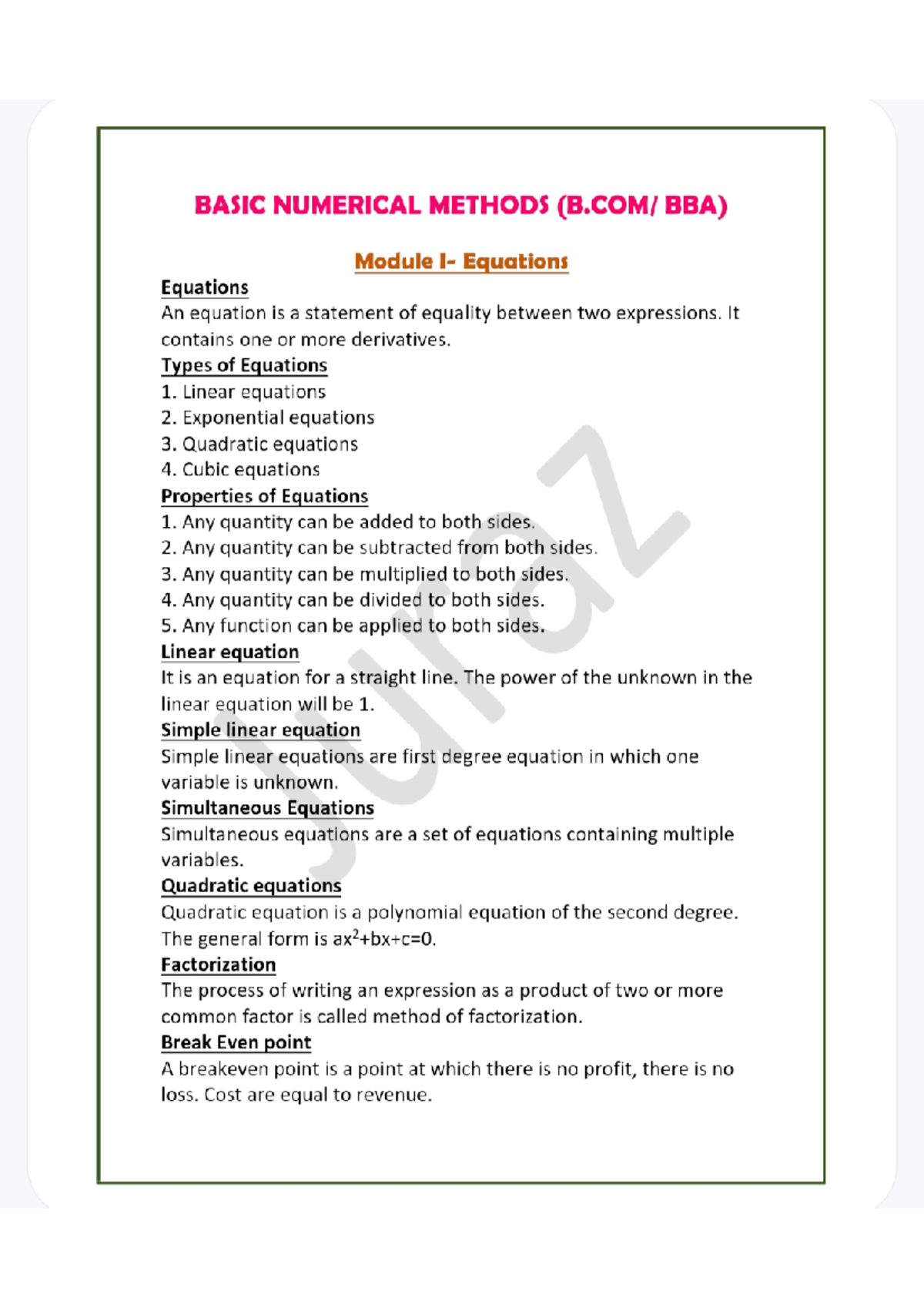 Basic numerical methods - theory - BASIC NUMERICAL METHODS BBA) Module Equations Equations An ...