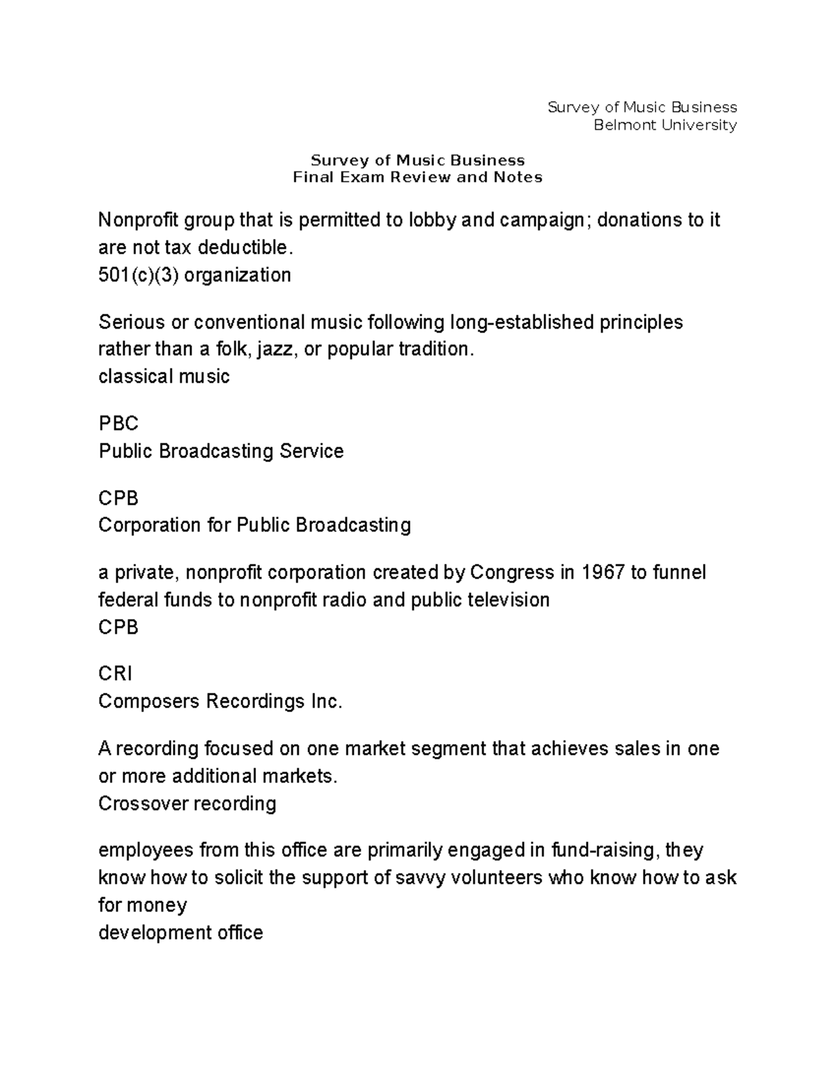 Survey of Music Business Final Exam Review and Notes - Survey of Music ...