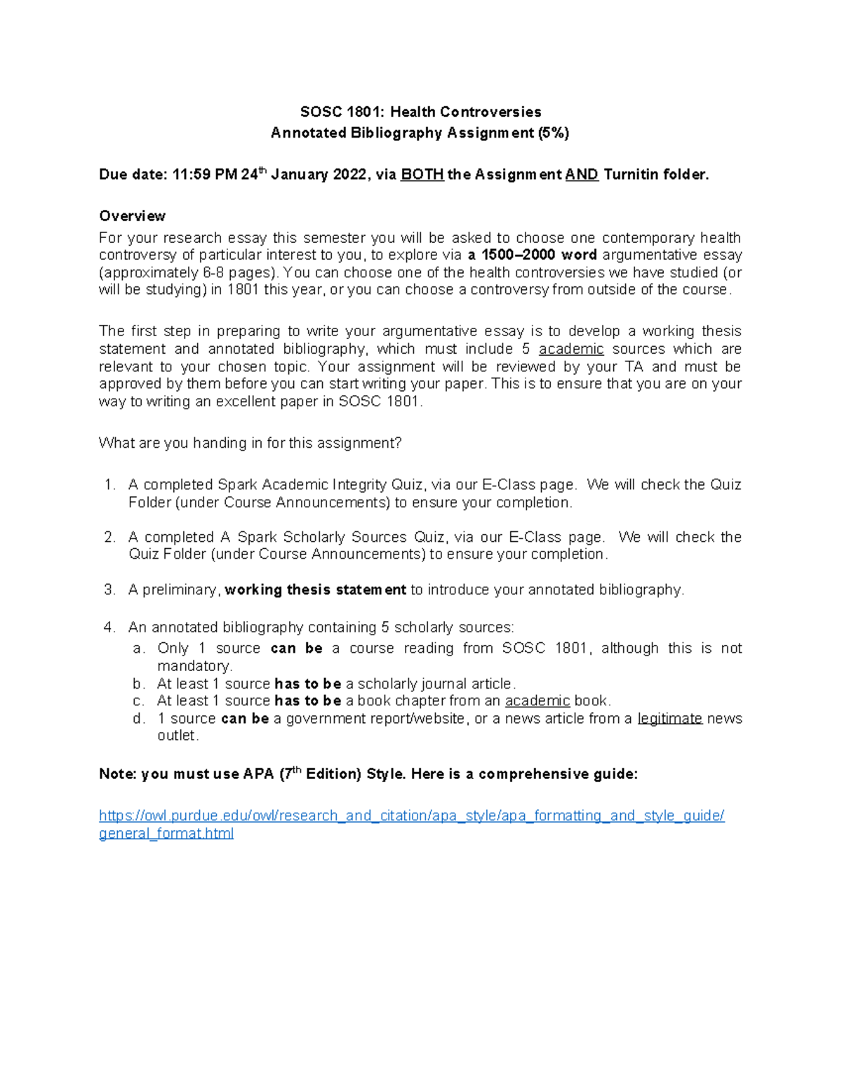 SOSC 1801 - Annotated bibliography assignment - SOSC 1801: Health ...