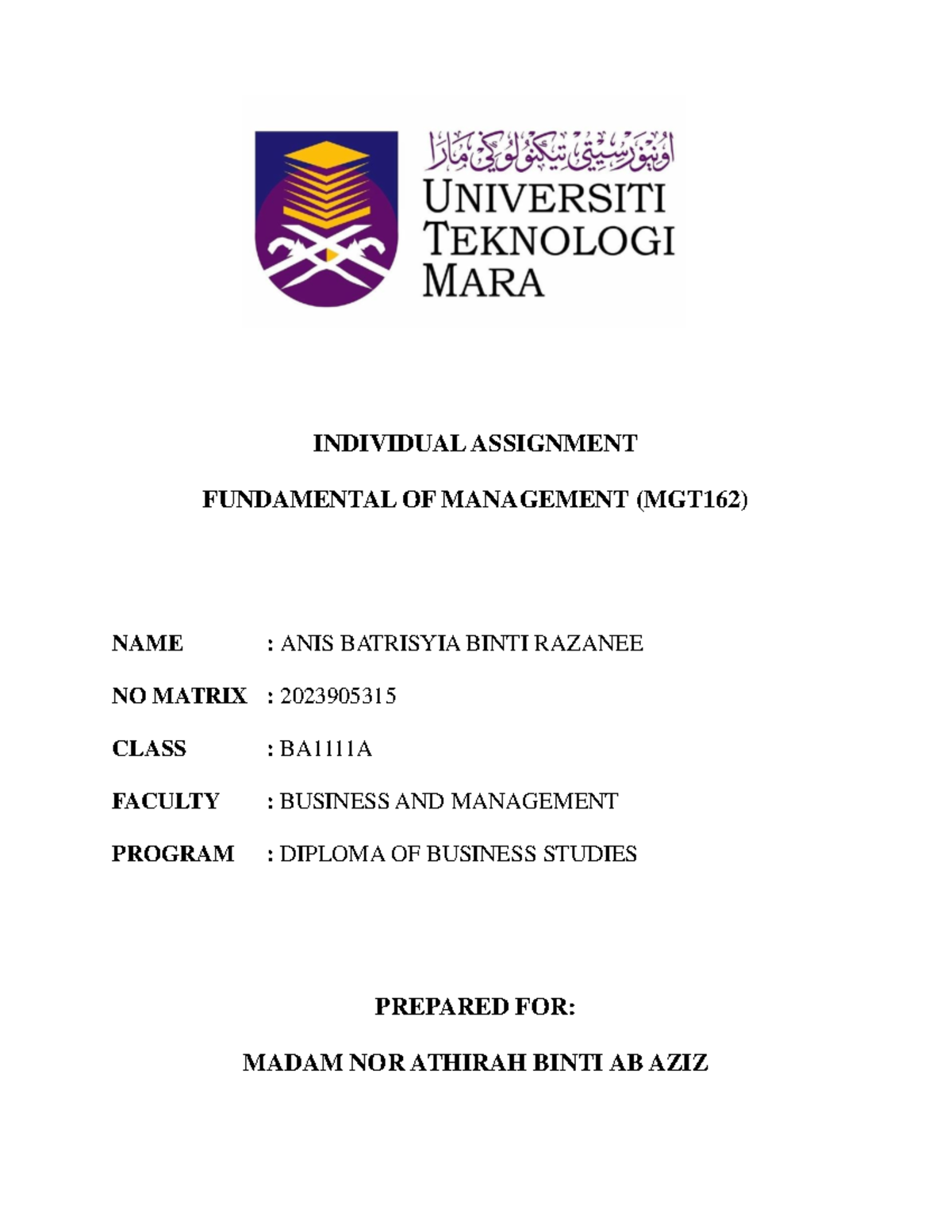 MGT162 Individual Assignment - INDIVIDUAL ASSIGNMENT FUNDAMENTAL OF ...
