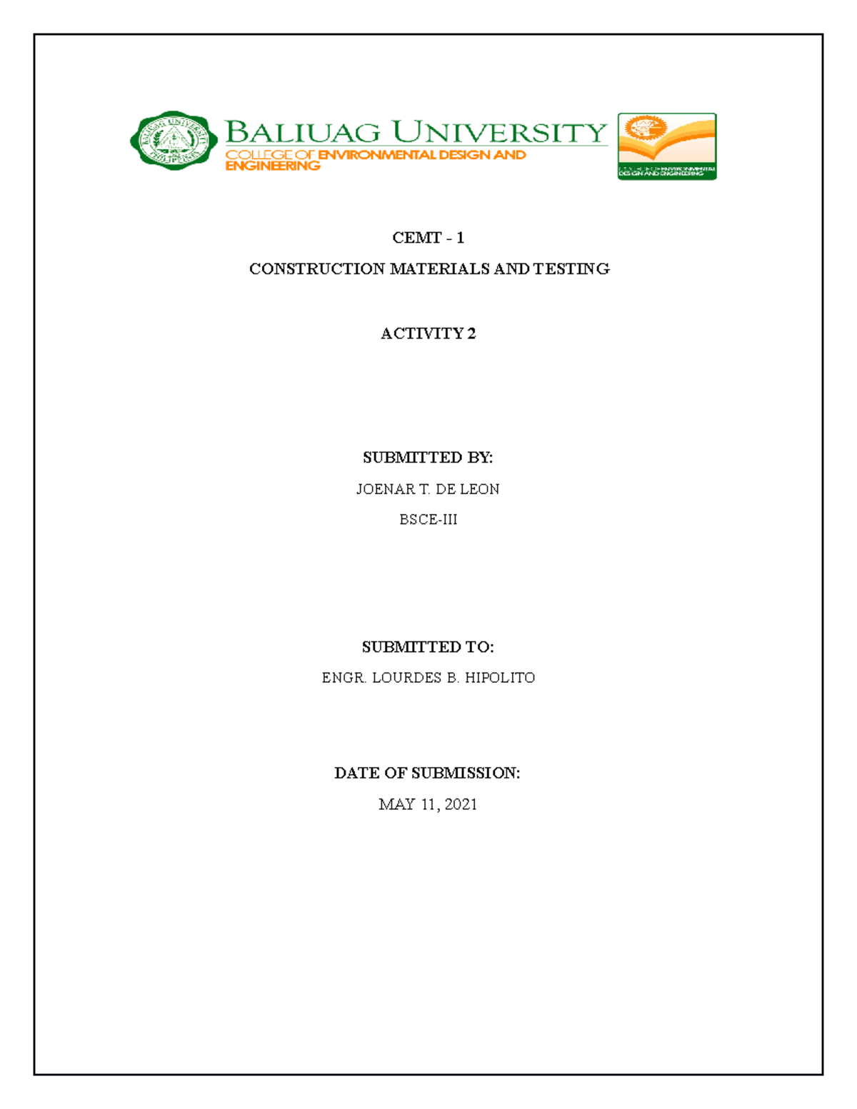 Activity 2 CEMT-1 - BS Industrial Engineering - Studocu