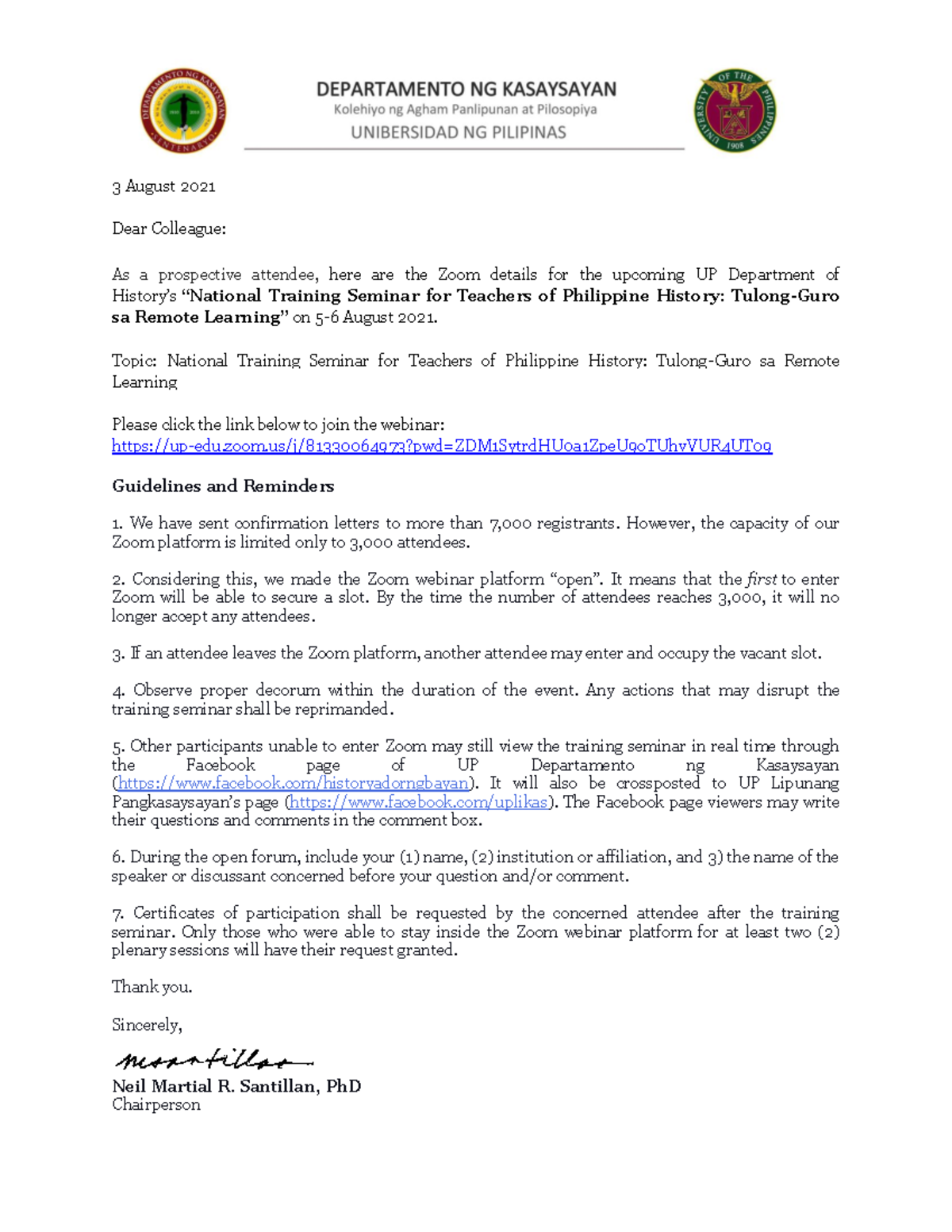 Letter to Participants (Zoom Details) - 3 August 2021 Dear Colleague ...