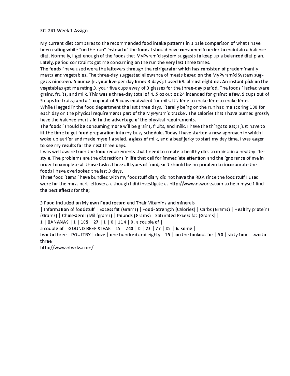 SCI 241 Week 1 Assign 1 - SCI 241 Week 1 Assign My current diet ...