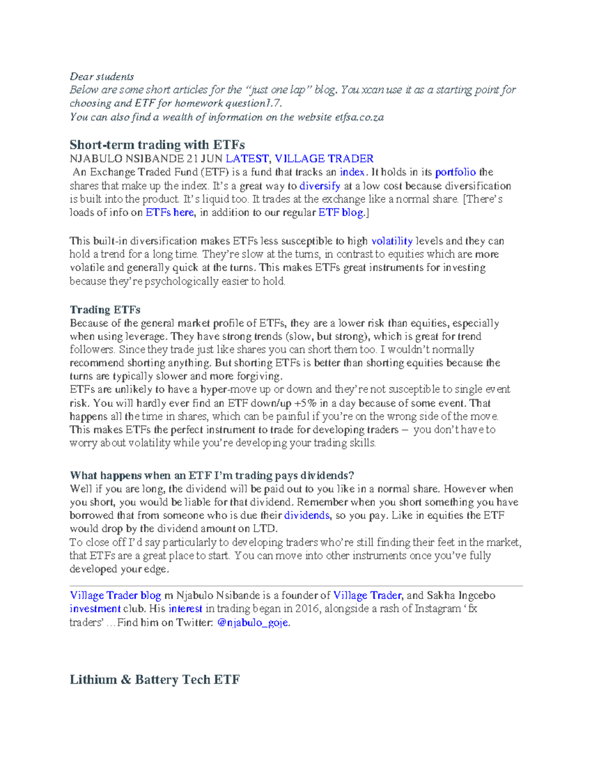 ETF articles for homework 1 - Dear students Below are some short ...