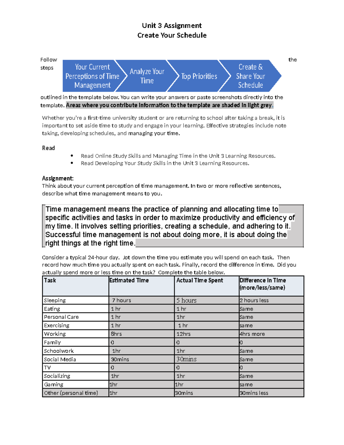 Unit 3 Assignment - Unit 3 Assignment Create Your Schedule Follow the ...