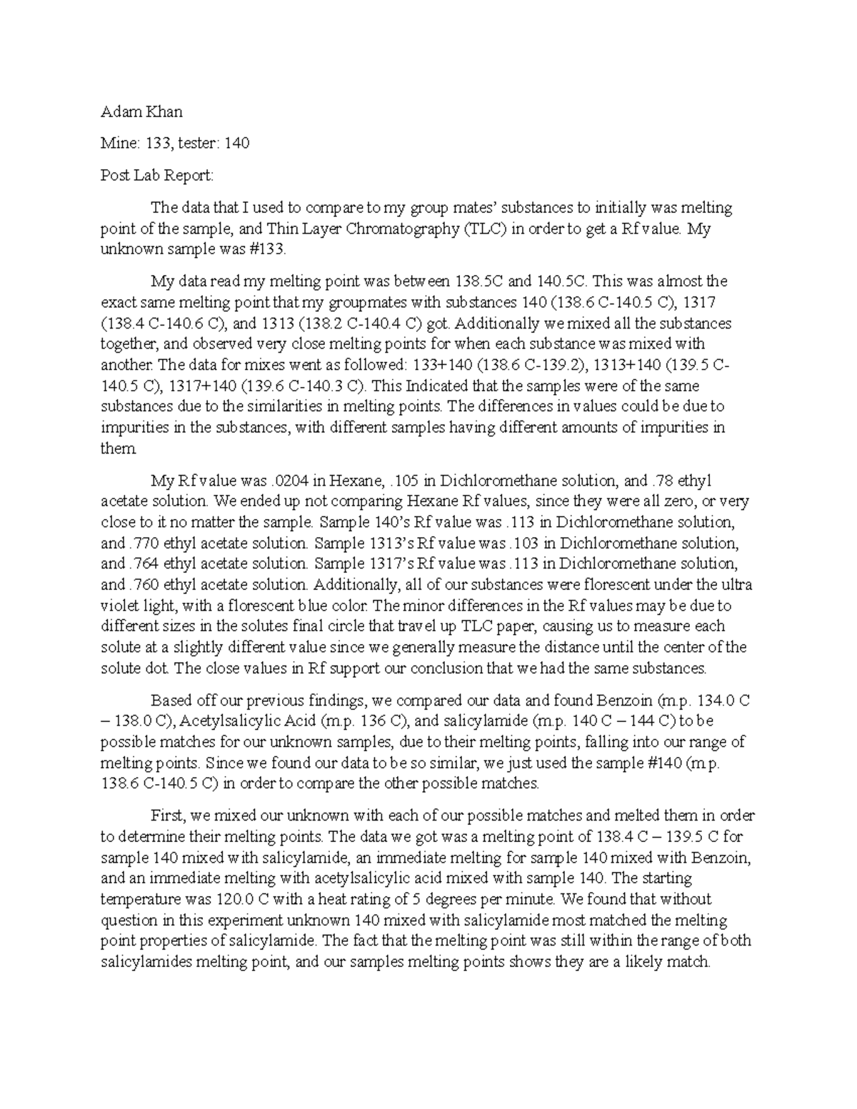 ID of White Solid Post Lab report - Adam Khan Mine: 133, tester: 140 ...