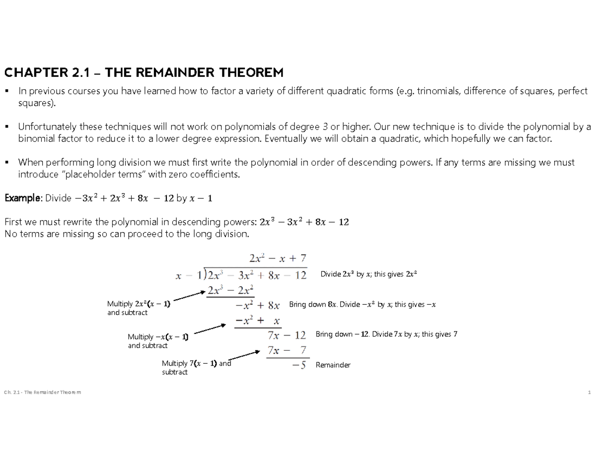 Mhf4u Ch 2 1 The Remainder Theorem Ch 2 ‐ The Remainder Theorem 1 Chapter 2 The