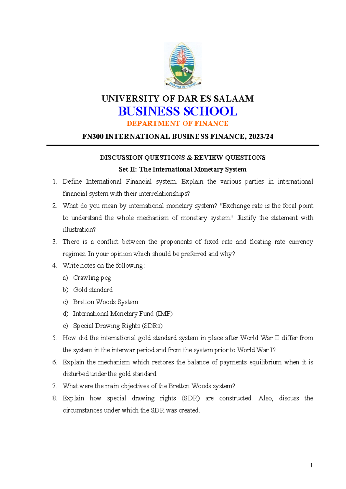 Set II - EXERCISES - 1 UNIVERSITY OF DAR ES SALAAM BUSINESS SCHOOL ...