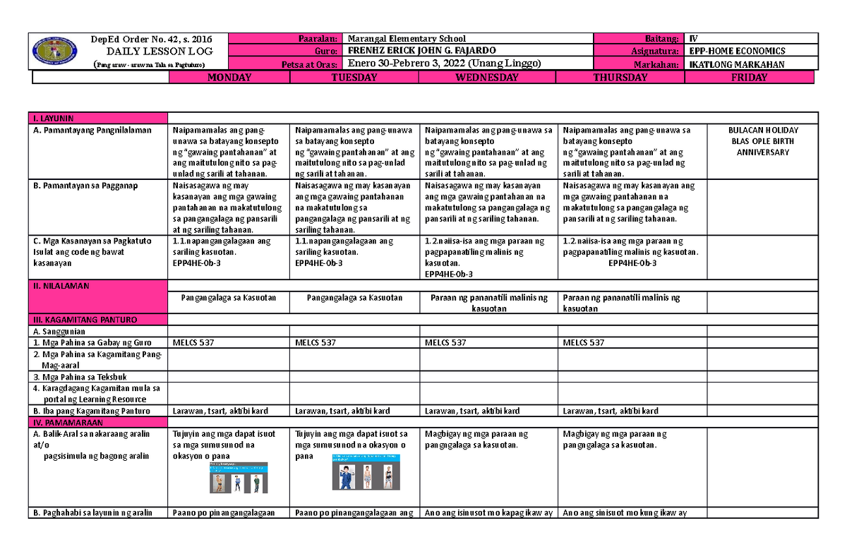 DLL EPP 4 Q3 W1( January 30- February 3,2023) - DepEd Order No. 42, s ...