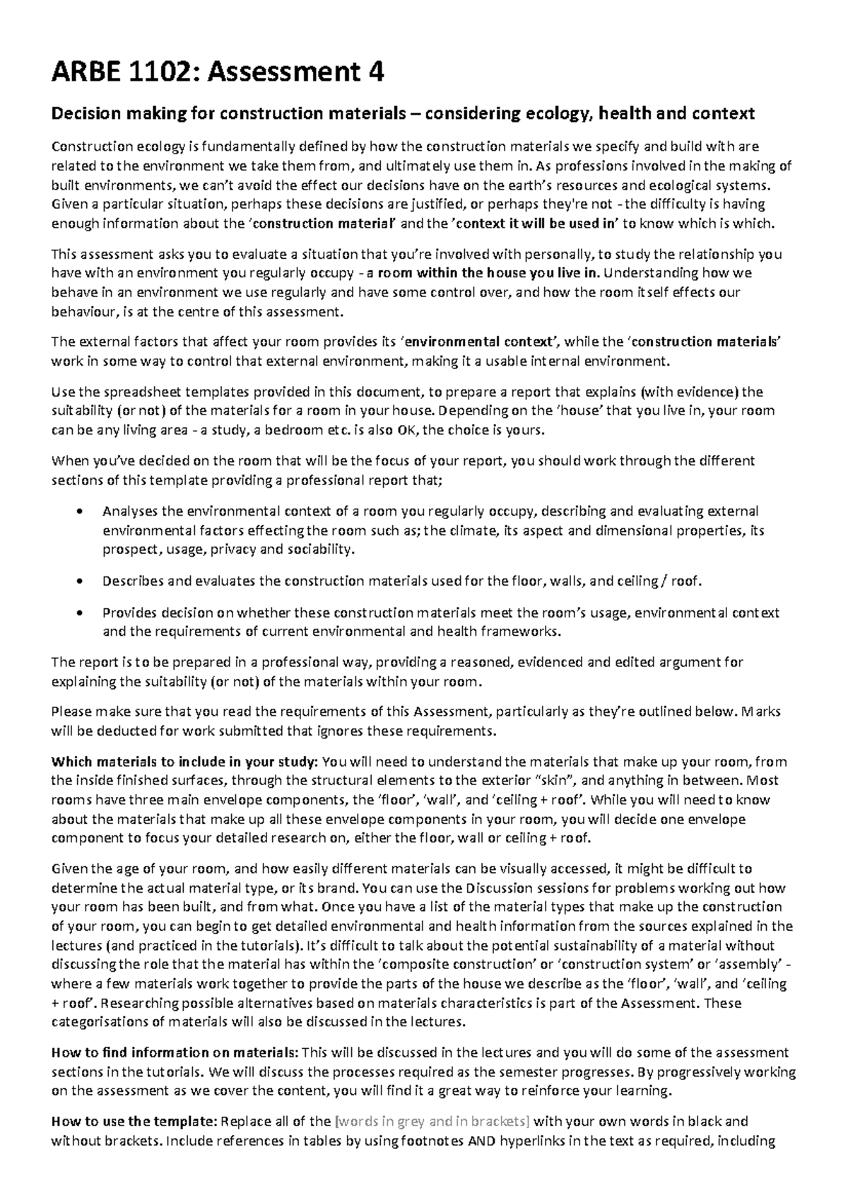 Link to Assessment 4 template- PDF - ARBE 1102: Assessment 4 Decision making for construction ...