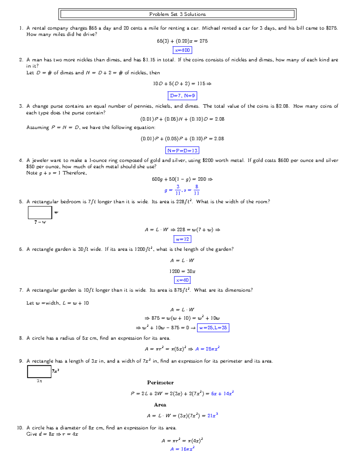 Problem Set 3 Solutions - Problem Set 3 Solutions 1. A rental company ...