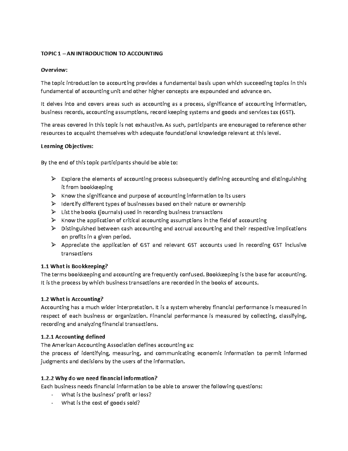 Topic 1 - An Introduction to Accounting - TOPIC 1 – AN INTRODUCTION TO ...