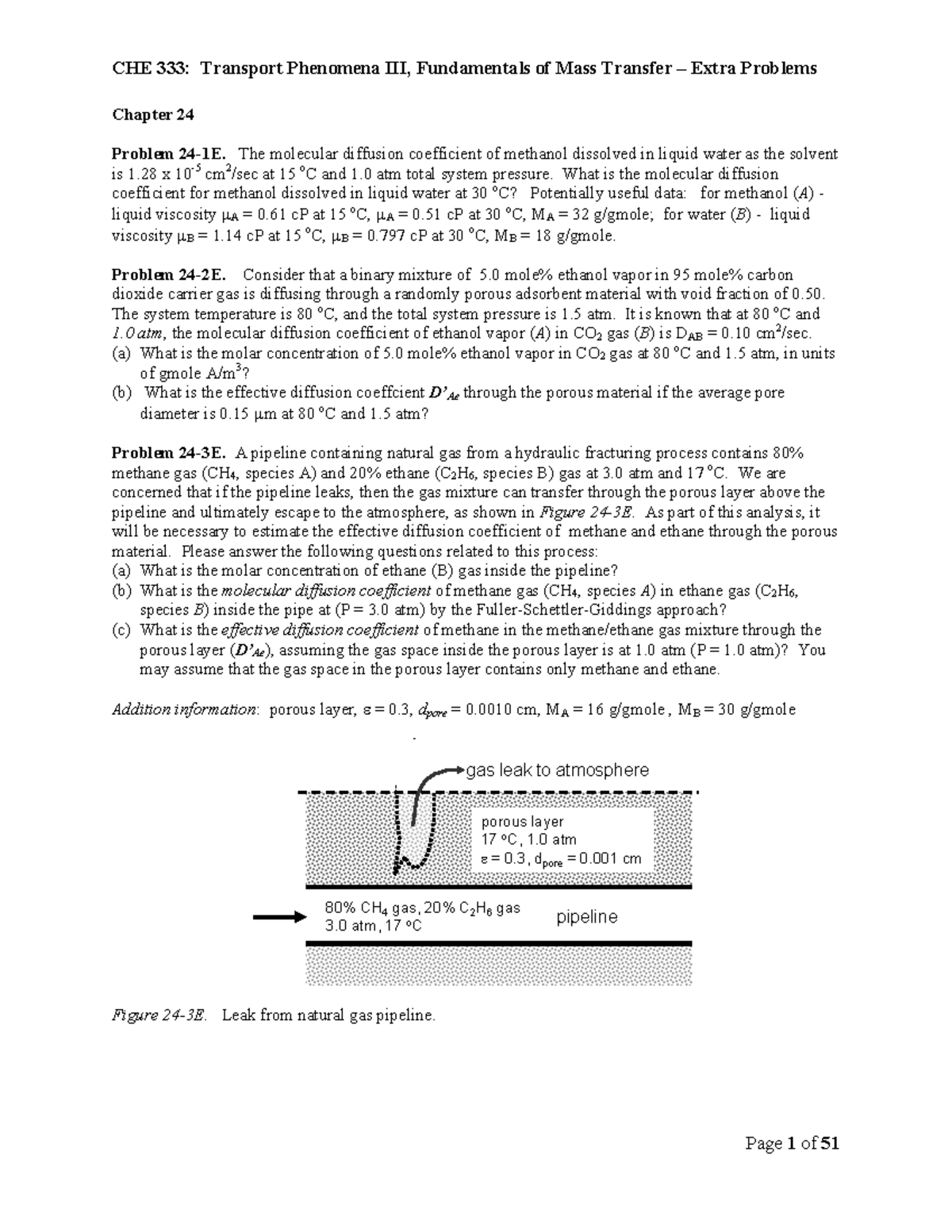 CHE 333 Extra Problems S23 - Chapter 24 Problem 24-1E. The molecular diffusion coefficient of ...