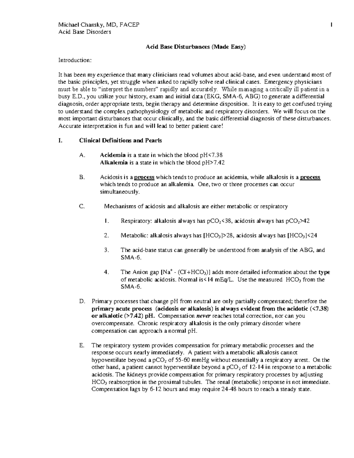 Michael Chansky Acid Base Made Easy handout - Acid Base Disorders Acid ...