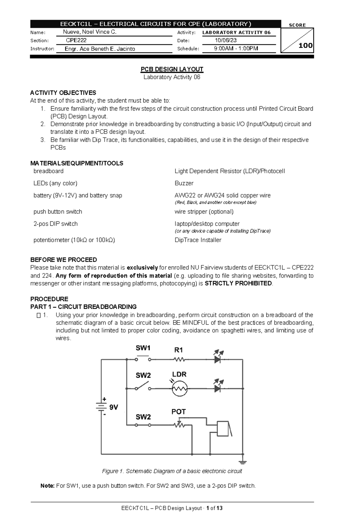 04 - Lab Activity 06 - PCB Design Layout Nueve - EECKTC1L – ELECTRICAL ...