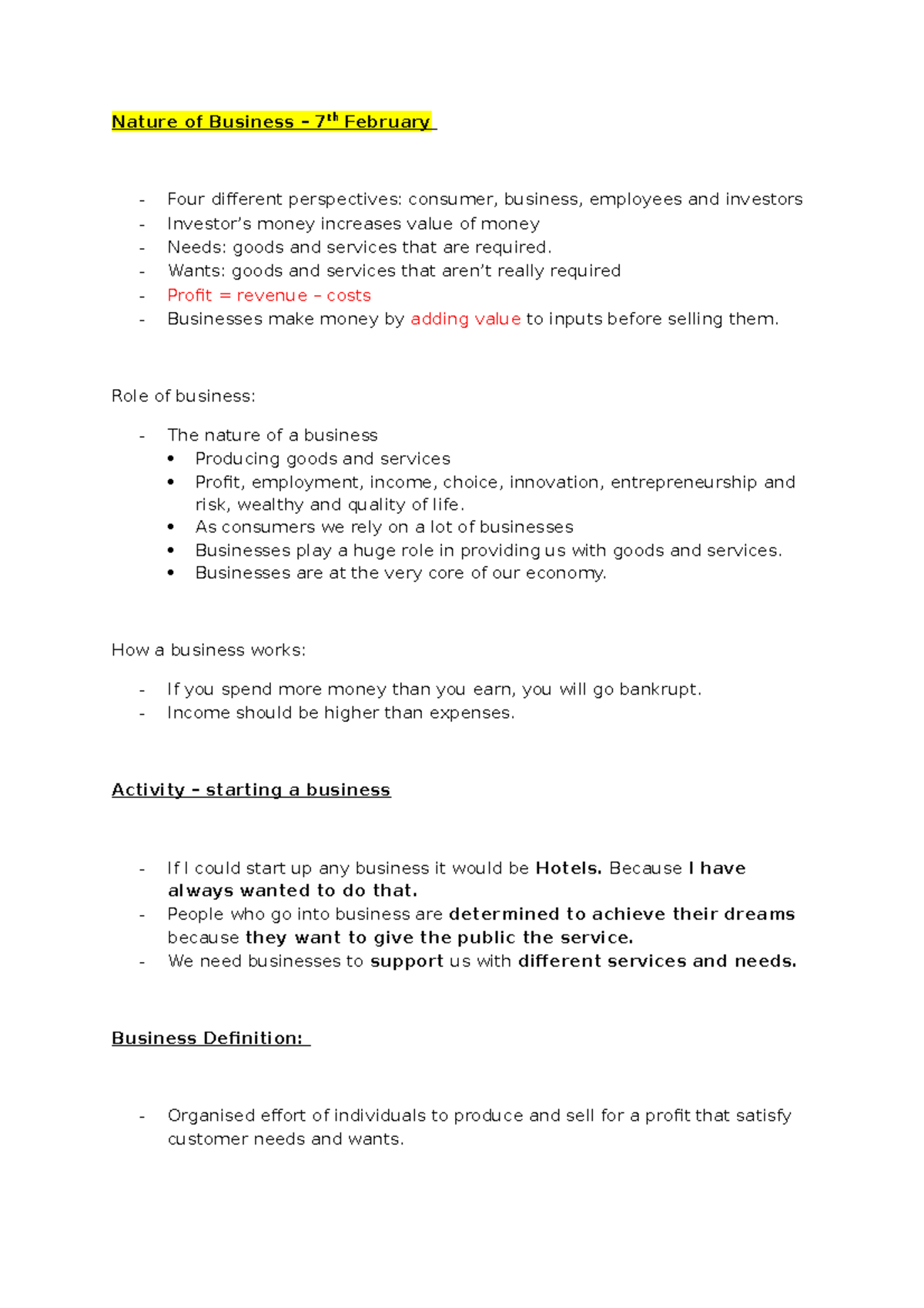 Business notes - Nature of Business – 7th February Four different ...