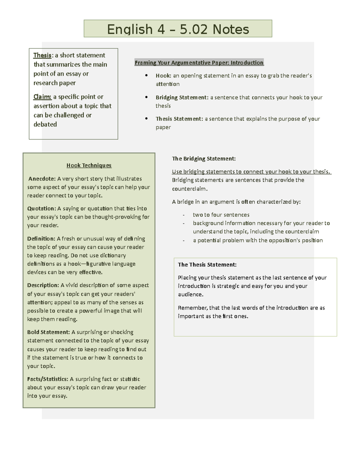 English 4 – 5.02 Notes - Framing Your Argumentative Paper: Introduction ...
