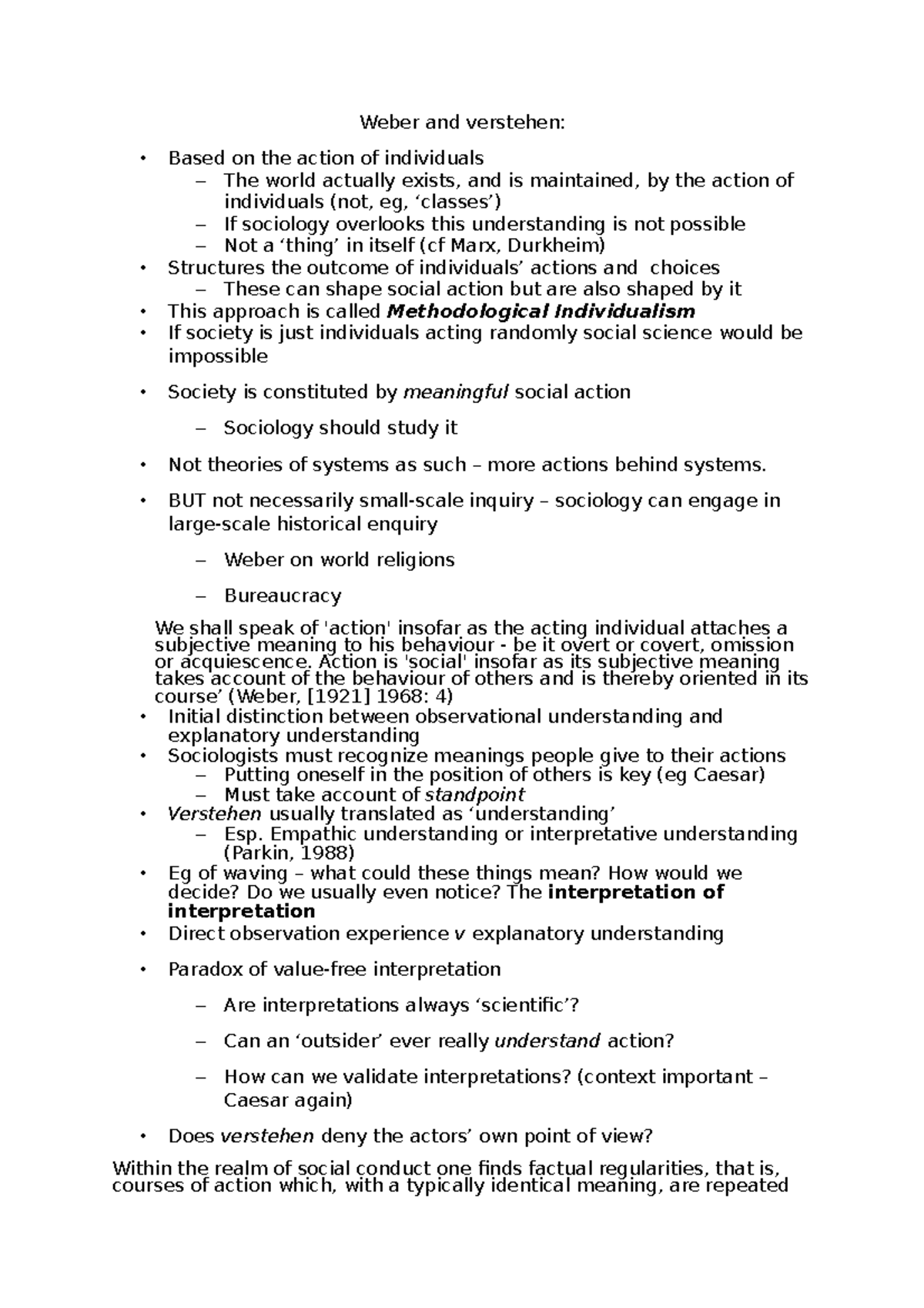 Weber and verstehen-5 - Lecture notes 5 - Weber and verstehen: Based on ...