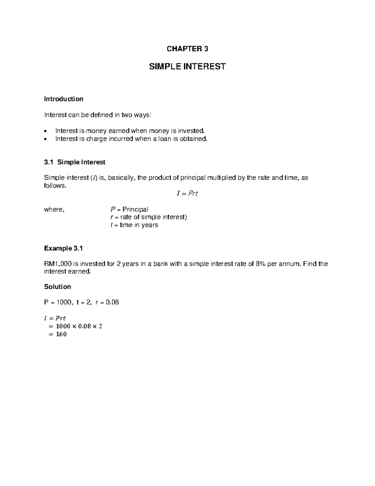 C3 Simple Interest - CHAPTER 3 SIMPLE INTEREST Introduction Interest ...