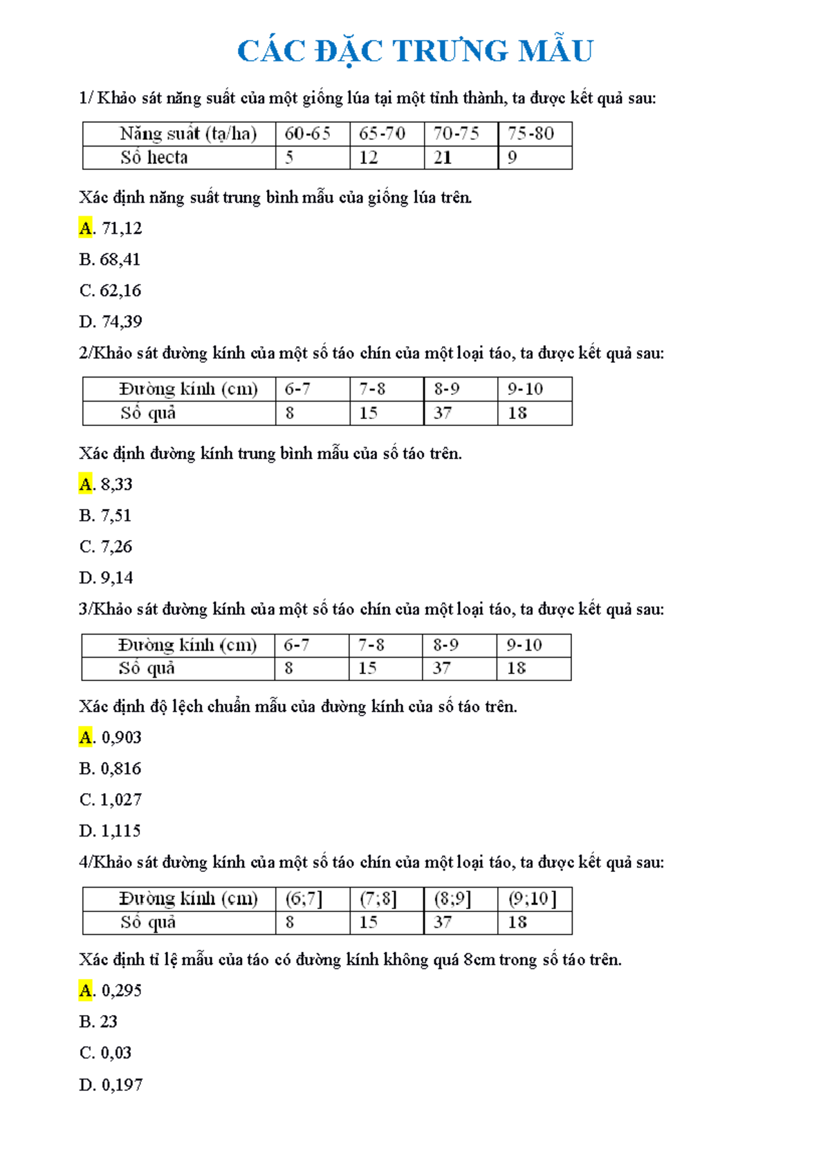 3.1-Cac dac trung mau - XSTK - C䄃ĀC ĐẶC TRƯNG M숃̀U 1/ Khảo sát năng suất của một giống lúa tại ...